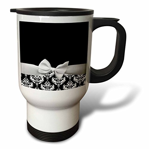 3dRose Elegant and Classy White Ribbon Bow with White Damask Pattern and Classic Black Background Travel Mug, 14-Ounce, Stainless Steel