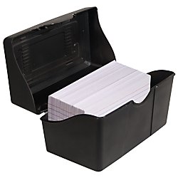 advantus stackable flip top 3 x 5 index card holder, 300 card capacity box, black, 3.5 h x 5.5 l x 3 w inches, 45001