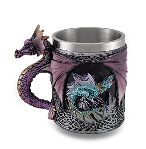 Zeckos Purple Gothic Dragon Decorative Resin and Stainless Steel Tankard/Mug/Pencil Holder Celtic Knot Work Accents 10 Ounces