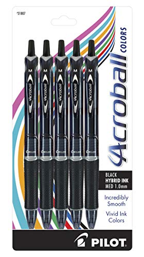 PILOT Acroball Colors Advanced Ink Refillable & Retractable Ball Point Pens, Medium Point, Black Ink, 5-Pack (31807)