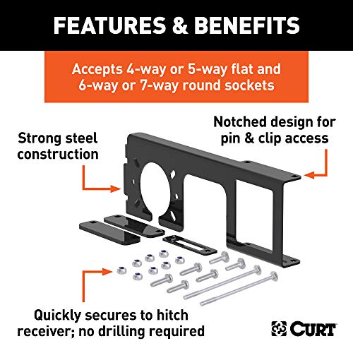 CURT 58000 Easy-Mount Vehicle Trailer Wiring Connector Mounting Bracket for 2-Inch Receiver, 4 or 5-Way Flat, 6 or 7-Way Round, GLOSS BLACK POWDER COAT