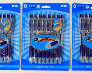 Clipclick Retractable Ball Point Pens 1.0mm Blue Ink Set of 8 (3 packs of 8)