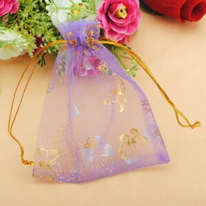 100pcs Butterfly Purple Eyelash Organza Drawstring Pouches Jewelry Party Wedding Favor Gift Bags 3.8"x4.7"