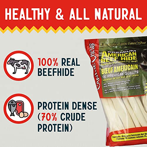 Canine Chews 10-11" Dog Rawhide Retriever Rolls - Dog Rawhide Chews (20 Pack) - 100% USA-Sourced Natural Beef Raw Hide Dog Bones for Large Dogs - Healthy Single-Ingredient Rawhide Bones Treat