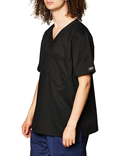 Cherokee Men's V-Neck Scrub Top, Traditional Fit with Double Chest Pocket and Side Vents 4743, L, Black