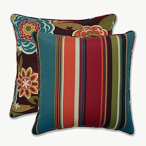 Pillow Perfect Reversible Floral Stripe Outdoor Throw Accent Pillow, Plush Fill, Weather, and Fade Resistant, Large Square - 18.5" x 18.5", Brown/Orange Annie, 2 Count