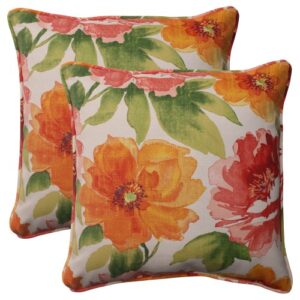 pillow perfect bright floral outdoor throw accent pillow, plush fill, weather, and fade resistant, large square - 18.5" x 18.5", green/orange muree, 2 count