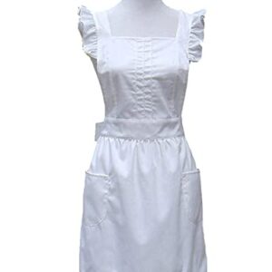 Hyzrz Retro Fancy Cute Cotton Frilly Kitchen White Apron Flirty Baking Cooking Aprons for Womens with Pockets Vintage (White)