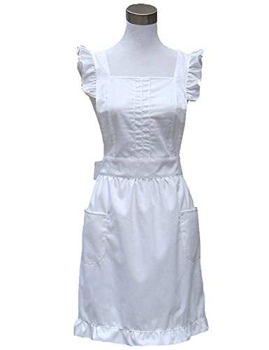 Hyzrz Retro Fancy Cute Cotton Frilly Kitchen White Apron Flirty Baking Cooking Aprons for Womens with Pockets Vintage (White)