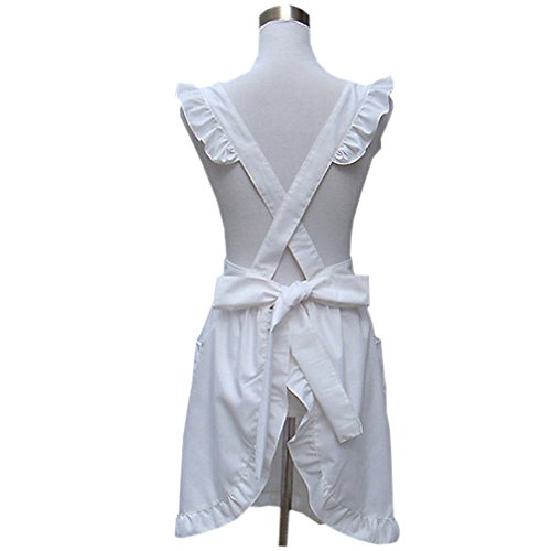 Hyzrz Retro Fancy Cute Cotton Frilly Kitchen White Apron Flirty Baking Cooking Aprons for Womens with Pockets Vintage (White)