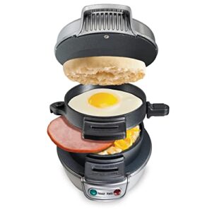 hamilton beach breakfast sandwich maker with egg cooker ring, customize ingredients, perfect for english muffins, croissants, mini waffles, dorm room essentials, silver (25475)