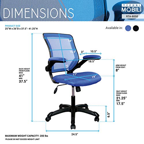 Techni Mobili Mesh Task Office Chair with Flip Up Arms. Color: Black, Mid-Back