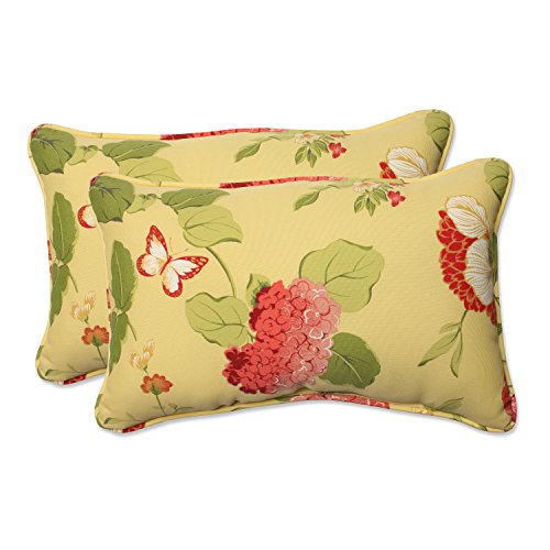 Pillow Perfect Bright Floral Outdoor Throw Accent Pillow, Plush Fill, Weather, and Fade Resistant, Small Lumbar - 11.5" x 18.5", Gold/Red Risa, 2 Count