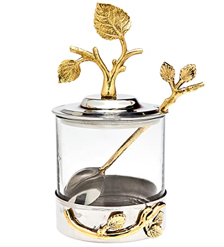 Godinger Leaf Jam/Honey Jar with Spoon, Silver/Brass