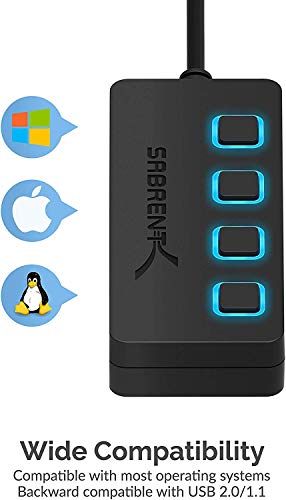 SABRENT 4 Port USB 2.0 Data Hub with Individual LED lit Power Switches [Charging NOT Supported] for Mac & PC (HB-UMLS)