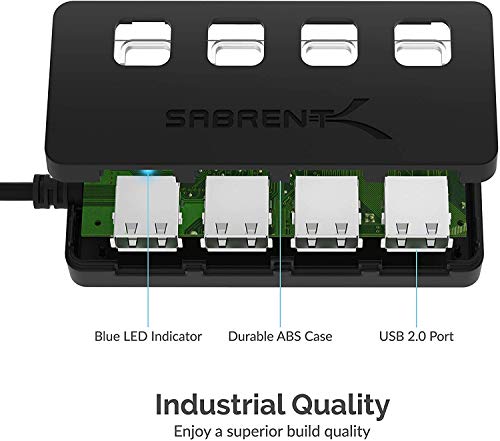 SABRENT 4 Port USB 2.0 Data Hub with Individual LED lit Power Switches [Charging NOT Supported] for Mac & PC (HB-UMLS)