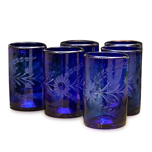 NOVICA Hand Blown Recycled Glass Etched Blue Drinking Glasses, 14 Oz 'Blue Blossoms' (Set Of 6)