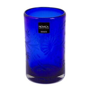 NOVICA Hand Blown Recycled Glass Etched Blue Drinking Glasses, 14 Oz 'Blue Blossoms' (Set Of 6)