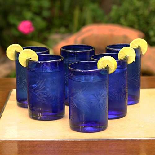 NOVICA Hand Blown Recycled Glass Etched Blue Drinking Glasses, 14 Oz 'Blue Blossoms' (Set Of 6)