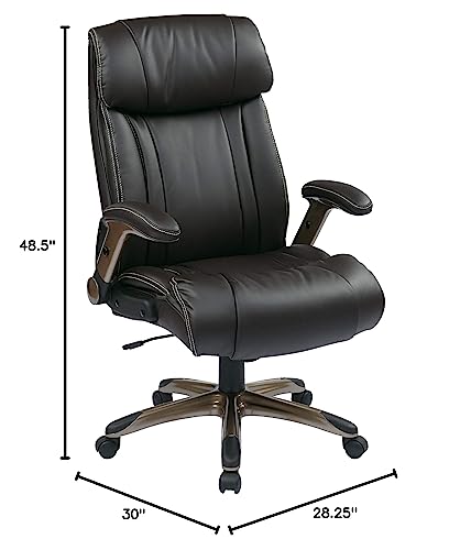 Office Star ECH Series High Back Executive Bonded Leather Office Chair with Adjustable Padded Flip Arms, Espresso with Cocoa Coated Base