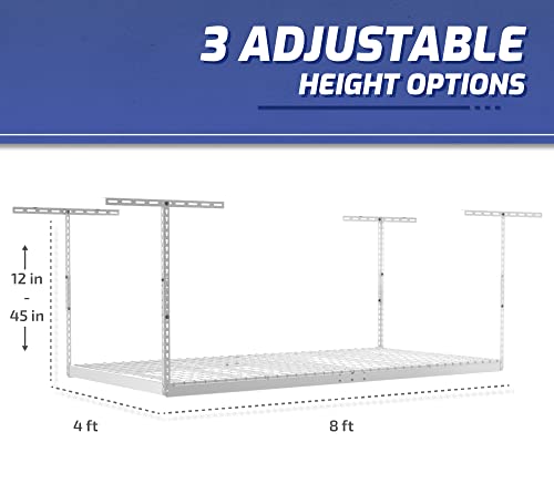 SafeRacks 4x8 Overhead Garage Storage Rack Heavy Duty - White (12"-21") - Holds 600 lb