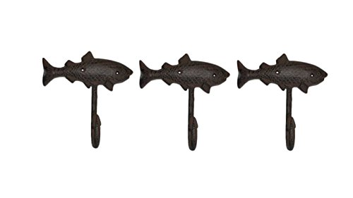 Fish Wall Coat Hooks - Set of 3 - Cast Iron Hangers for Coats, Aprons, Hats, Towels, Pot Holders, More