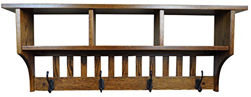 Wall Mounted Coat Rack with Cubbies – Mission Style Cubby Coat Hanger – Entryway Organizer with Hooks – Rustic Farmhouse Mounted Wall Shelf Rack (4 Hooks, Oak Wood, Michaels Stain)