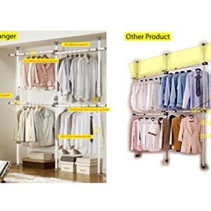 PRINCE HANGER, One Touch Double 2-tier Adjustable Garment Rack, Clothing Rack, Freestanding, Tension Rod for Hanging Clothes, Coats, Skirts, Shirts, Sweaters, portable, White, Made in Korea