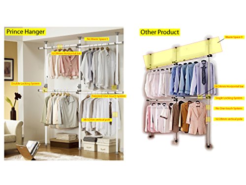 PRINCE HANGER, One Touch Double 2-tier Adjustable Garment Rack, Clothing Rack, Freestanding, Tension Rod for Hanging Clothes, Coats, Skirts, Shirts, Sweaters, portable, White, Made in Korea