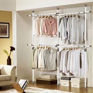 PRINCE HANGER, One Touch Double 2-tier Adjustable Garment Rack, Clothing Rack, Freestanding, Tension Rod for Hanging Clothes, Coats, Skirts, Shirts, Sweaters, portable, White, Made in Korea