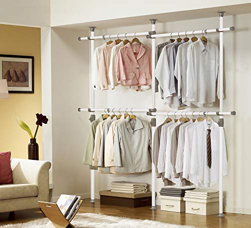 PRINCE HANGER, One Touch Double 2-tier Adjustable Garment Rack, Clothing Rack, Freestanding, Tension Rod for Hanging Clothes, Coats, Skirts, Shirts, Sweaters, portable, White, Made in Korea