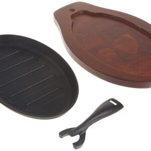 Winco ISP-3 Cast Iron Steak Platter with Wood Underline and Gripper,Black,Medium