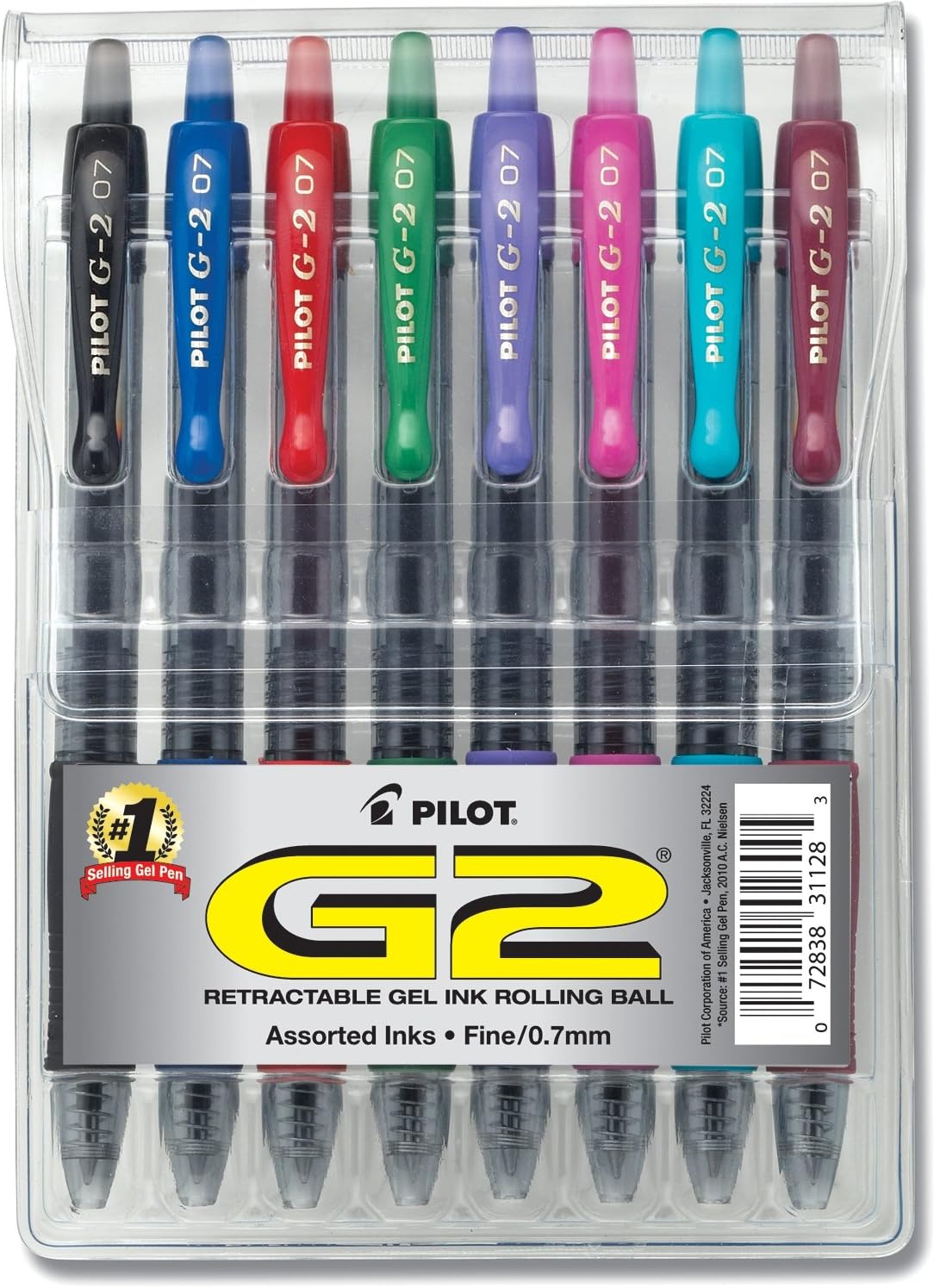 PILOT G2 Premium Refillable and Retractable Rolling Ball Gel Pens, Fine Point, Assorted Color Inks, 8-Pack (31128)