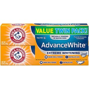 arm & hammer advanced white extreme whitening toothpaste, twin pack (contains two 6oz tubes) -clean mint- fluoride toothpaste