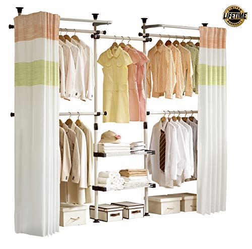 PRINCE HANGER, Deluxe 4 Tier & Shelf Clothes Rack with Curtain, Clothing Rack, Closet Organizer, Freestanding, Tension Rod, PHUS-0061, Made in Korea