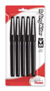 pentel rolling writer roller ball pen, medium line, black ink, pack of 5 (r100bp5a)