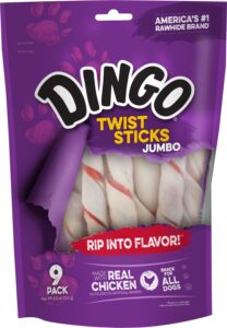 dingo twist sticks jumbo rawhide chews made with real chicken, 9-count