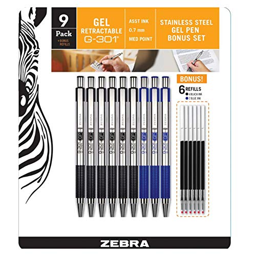 ZEBRA G-301 Gel Stainless Steel 9 Pack w/ 6 Refill Cartridges