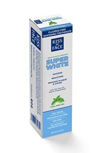 kiss my face super white cool mint gel toothpaste, sls and fluoride free, removes plaque and prevents tartar, with added tea tree oil, aloe and iceland moss, 4.5 oz