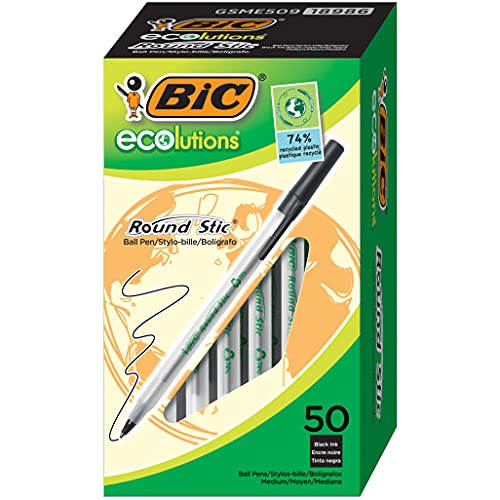 BIC Ecolutions Round Stic Ballpoint Pens, Medium Point (1.0mm), 50-Count Pack, Black Ink Pens Made from 97% Recycled Plastic