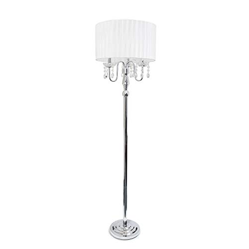 Elegant Designs LF1002-WHT Romantic Cascading Hanging Crystals Sheer Drum Shade Chrome Floor Lamp, White