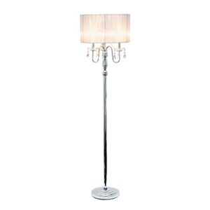 Elegant Designs LF1002-WHT Romantic Cascading Hanging Crystals Sheer Drum Shade Chrome Floor Lamp, White