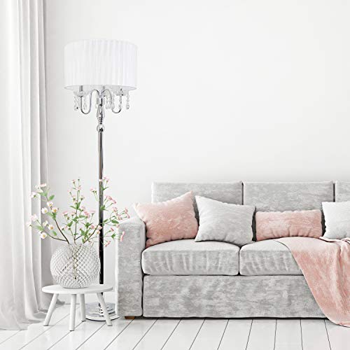 Elegant Designs LF1002-WHT Romantic Cascading Hanging Crystals Sheer Drum Shade Chrome Floor Lamp, White