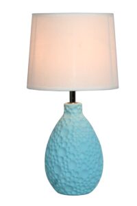 simple designs lt2003-blu textured stucco ceramic oval white fabric shade table lamp, blue