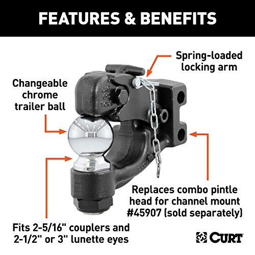 CURT 45920 Channel Mount Pintle Attachment with 2-5/16-Inch Ball, 13,000 lbs, Shank Required , Black