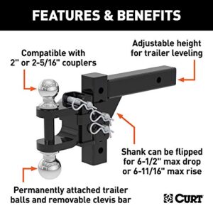 CURT 45049 Adjustable Trailer Hitch Ball Mount, Fits 2-Inch Receiver, 6-1/2-Inch Drop, 2 and 2-5/16-Inch Balls, 10,000 lbs , Black