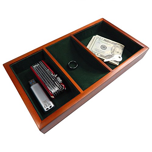 Launch Innovative Products Walter Wooden Valet Tray with 3 Compartment Leatherette Organizer Box for Wallets, Coins, Keys, and Jewelry