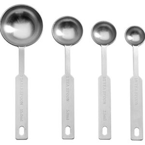 Stainless Steel Measuring Spoons - Set of 4 Premium Metal Spoons - Strong and Durable - Engraved with Metric and Imperial / US Sizes Including Tablespoon and Teaspoon - Ideal for Cooking and General Kitchen Use, for Measuring Liquid and Dry Ingredients