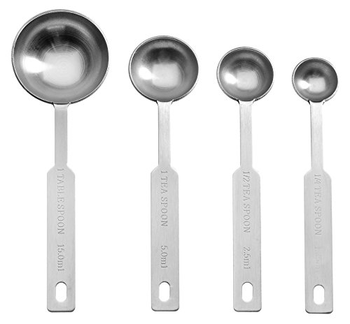 Stainless Steel Measuring Spoons - Set of 4 Premium Metal Spoons - Strong and Durable - Engraved with Metric and Imperial / US Sizes Including Tablespoon and Teaspoon - Ideal for Cooking and General Kitchen Use, for Measuring Liquid and Dry Ingredients