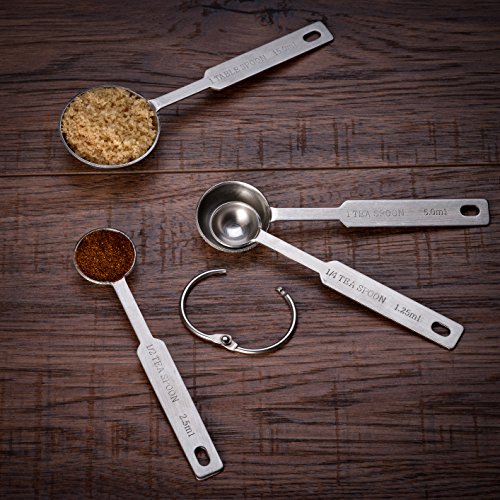 Stainless Steel Measuring Spoons - Set of 4 Premium Metal Spoons - Strong and Durable - Engraved with Metric and Imperial / US Sizes Including Tablespoon and Teaspoon - Ideal for Cooking and General Kitchen Use, for Measuring Liquid and Dry Ingredients